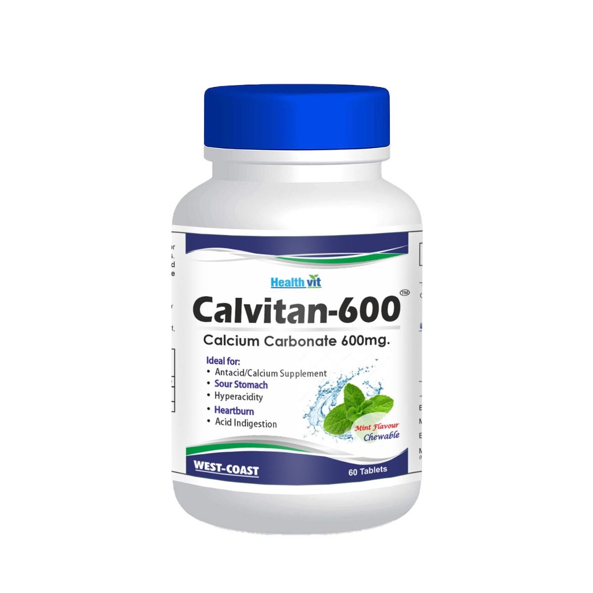 Healthvit Calvitan-600 Calcium Carbonate 600 mg Mint Flavour Chewable ...