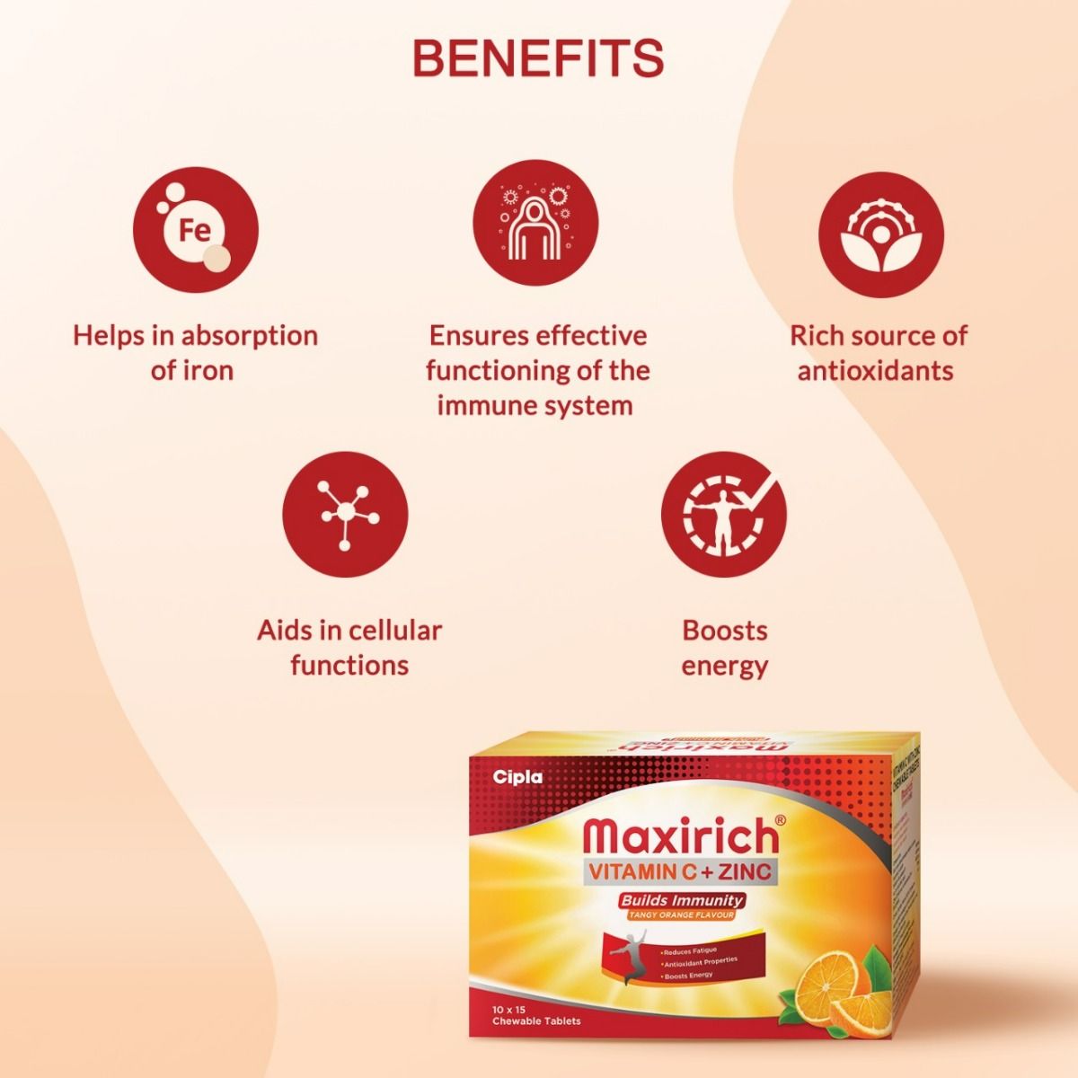 Maxirich Vitamin C + Zinc Tangy Orange Flavour Chewable, 15 Tablets ...