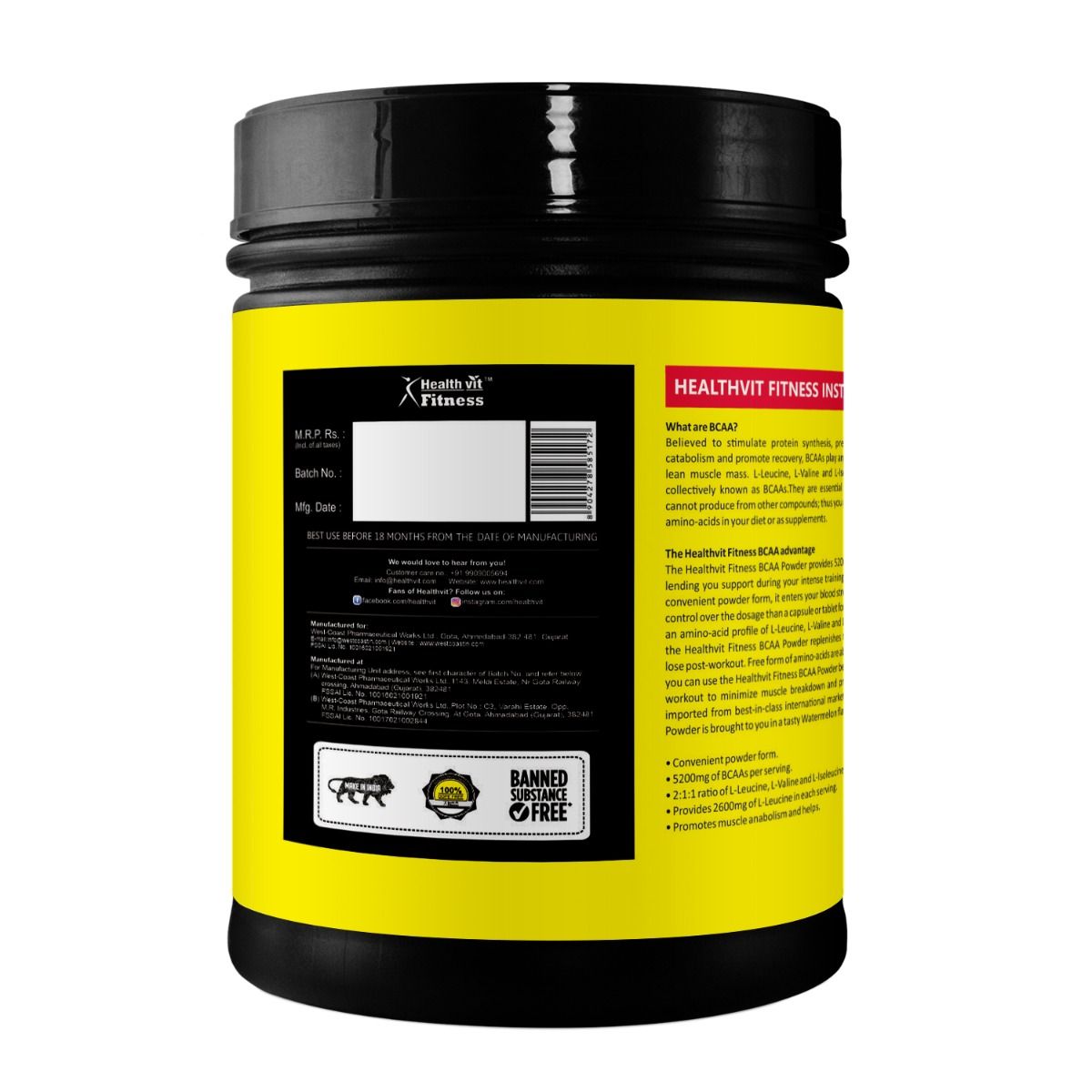 Healthvit Fitness 100% Micronized BCAA 5200mg 2:1:1 Watermelon Flavour, 200 gm Price, Uses, Side ...