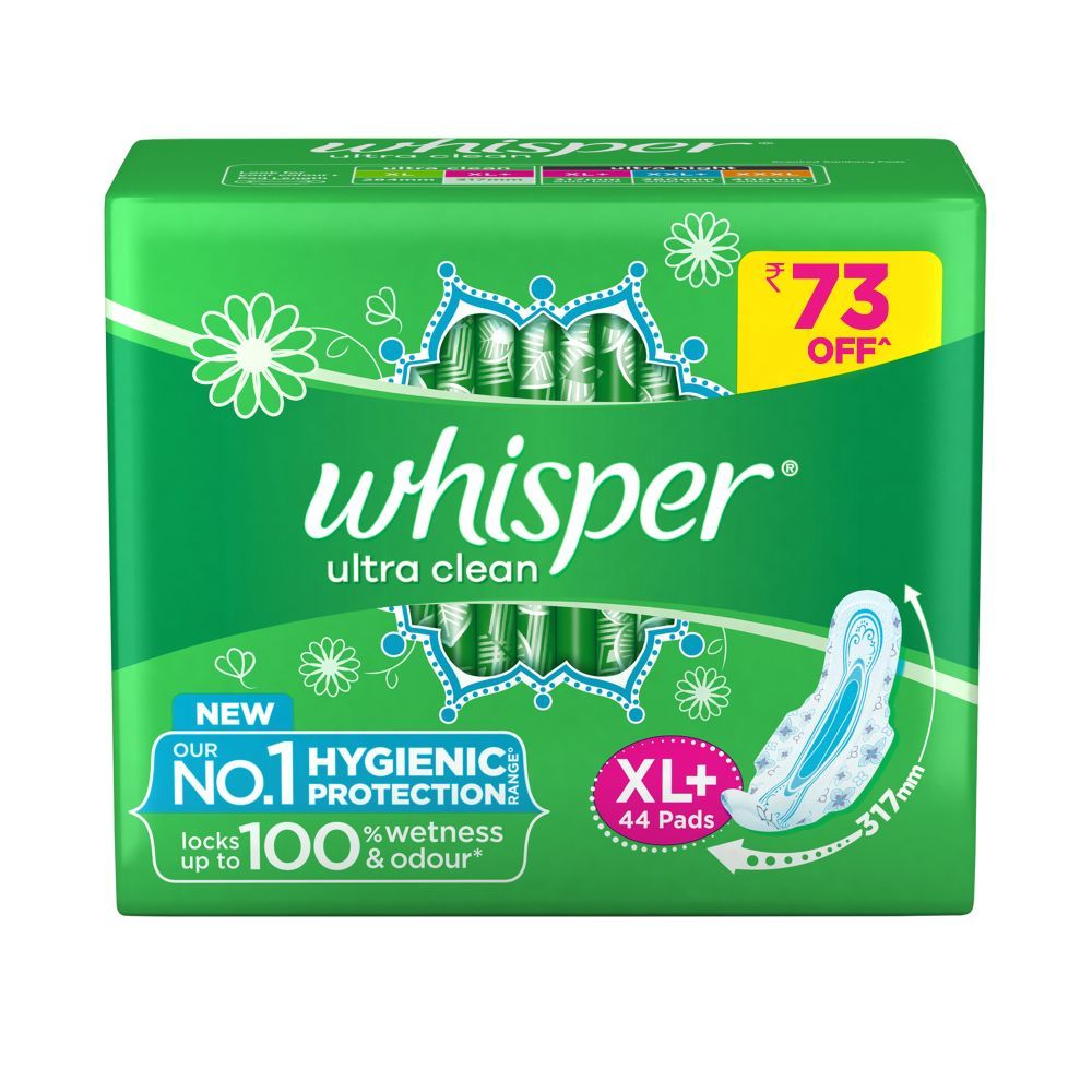 Whisper Ultra Clean Sanitary Pads XL+, 44 Count Price, Uses, Side ...