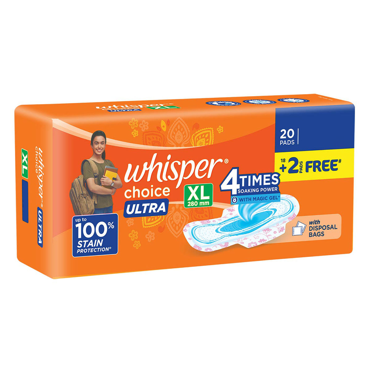 Whisper Choice Ultra Wings Sanitary Pads XL, 20 Count Price, Uses, Side ...