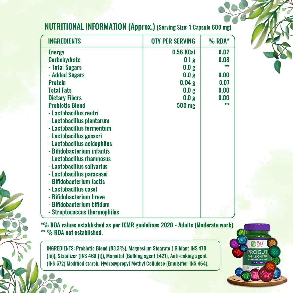 Pure Nutrition Progut 50 Billion CFU 600 mg, 60 Capsules Price, Uses ...