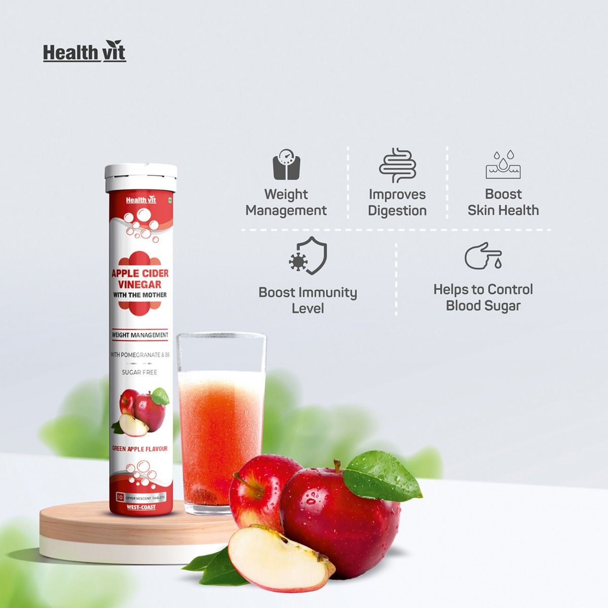 Healthvit Apple Cider Vinegar 500 mg Sugar Free Green Apple Flavour ...