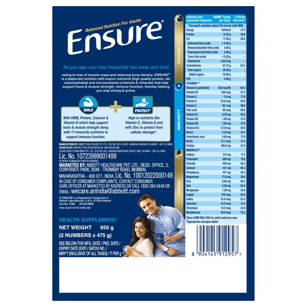 Buy Ensure Balanced Nutrition Chocolate Flavour Powder for Adults, 950 ...