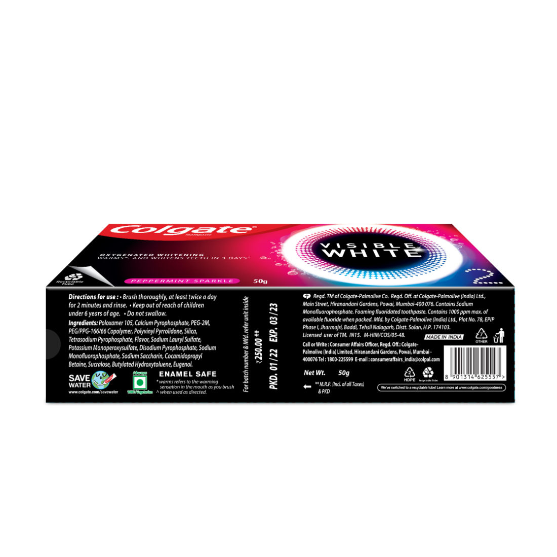 Colgate Visible White O2 Whitening Peppermint Sparkle Toothpaste, 50 gm ...