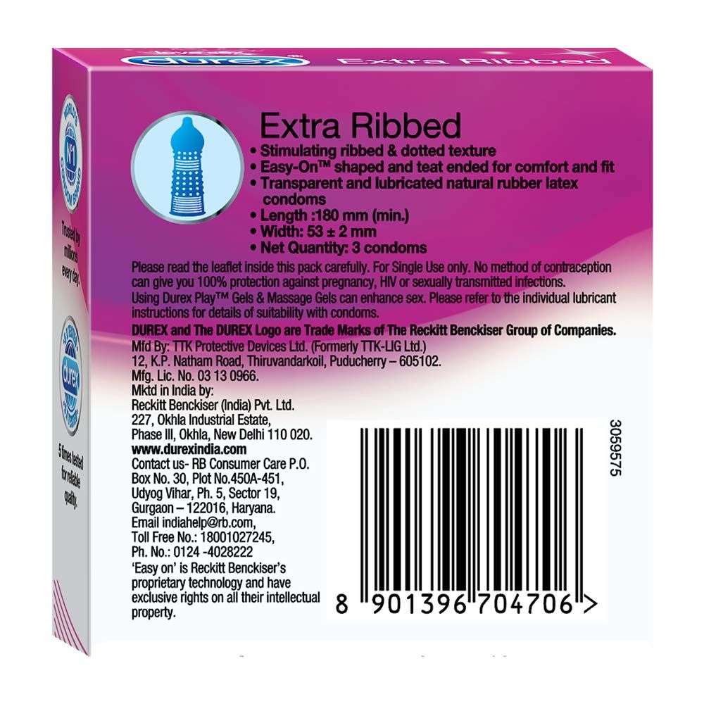 Durex Extra Ribbed Condoms, 3 Count Price, Uses, Side Effects ...