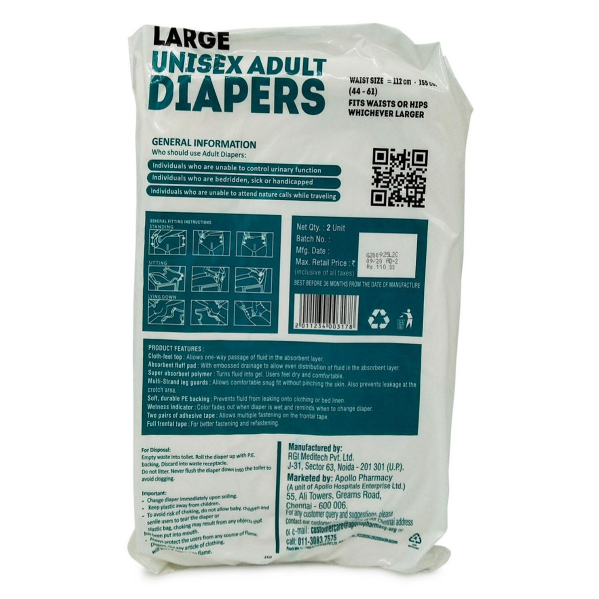 Apollo Life Unisex Adult Diapers Large, 2 Count Price, Uses, Side ...