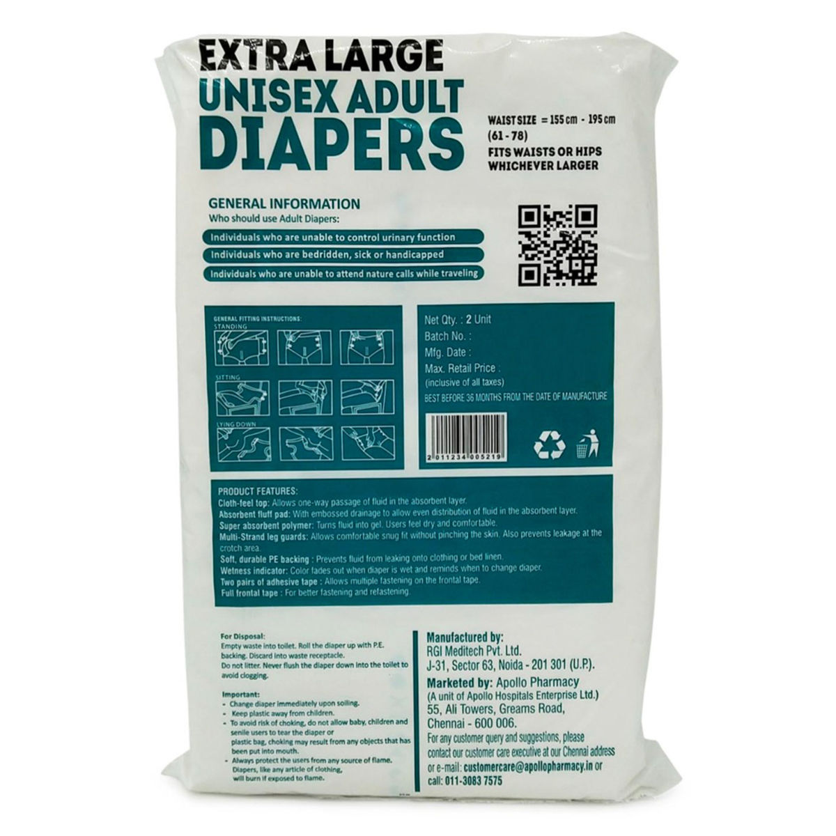 Apollo Life Unisex Adult Diapers XL, 2 Count Price, Uses, Side Effects ...