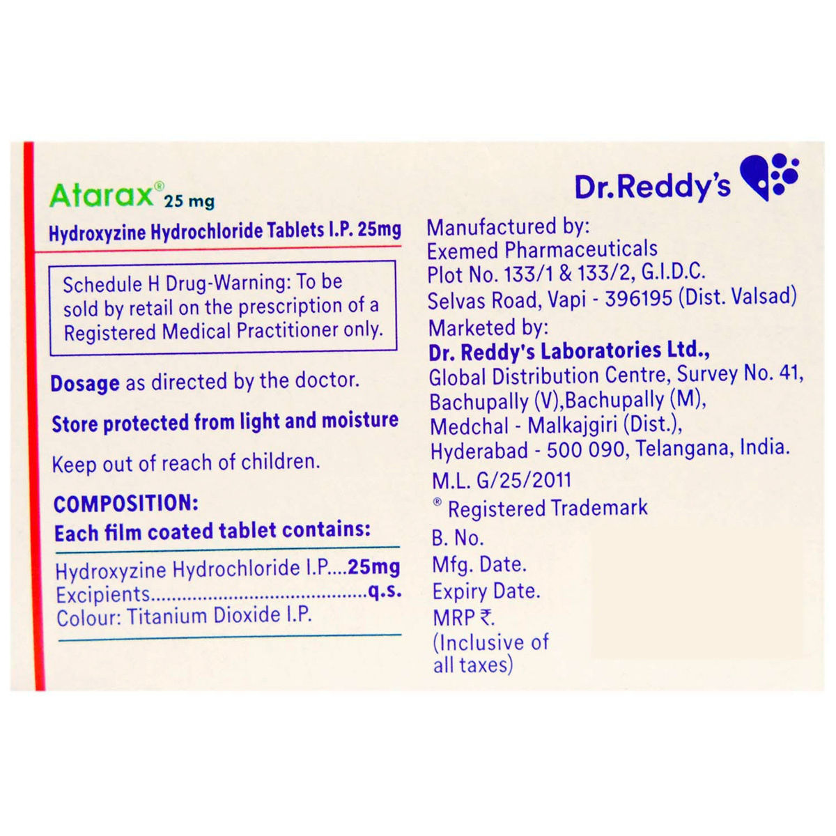 Atarax 25 mg Tablet 15's Price, Uses, Side Effects, Composition ...