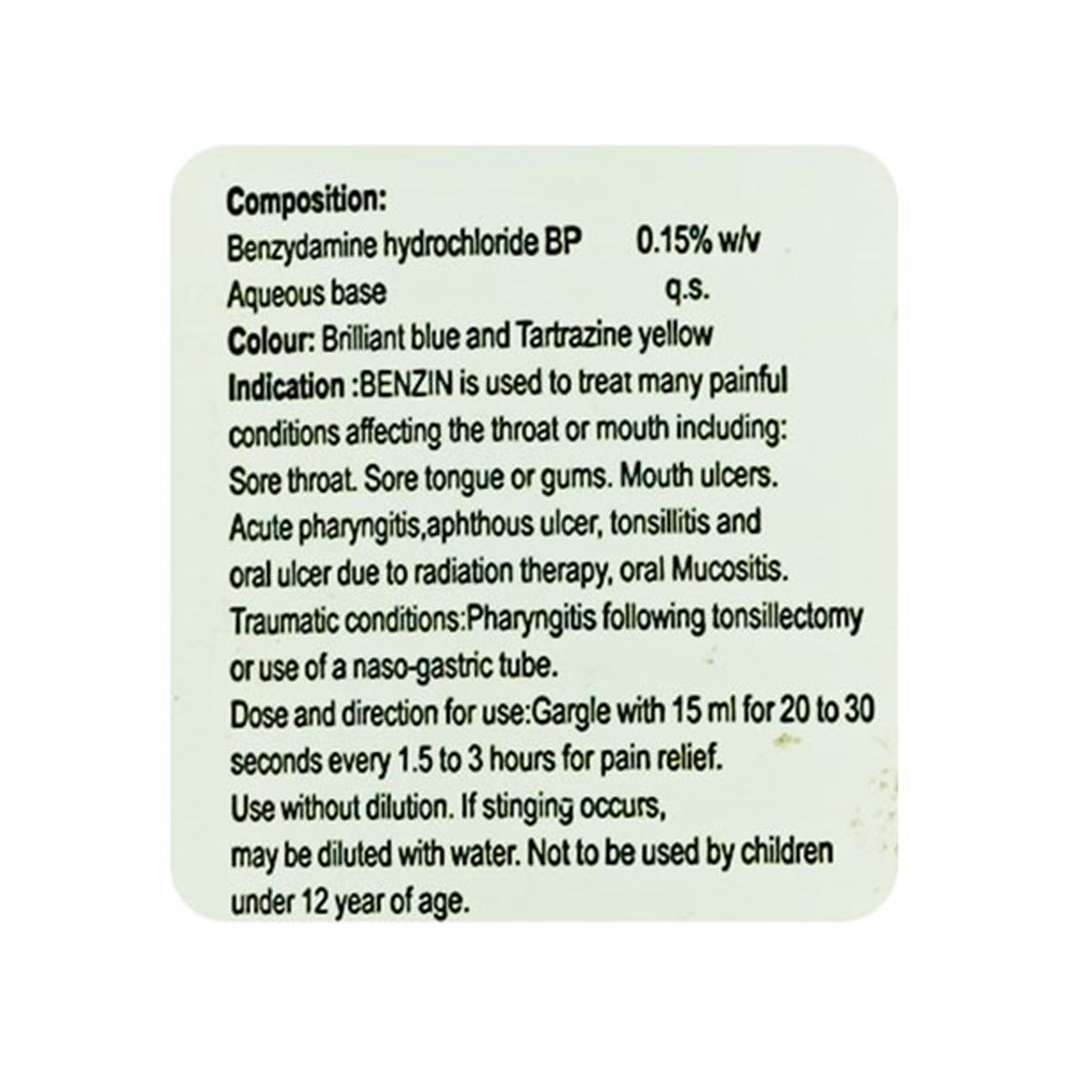 Benzin 0.15% Gargle 100 ml Price, Uses, Side Effects, Composition ...