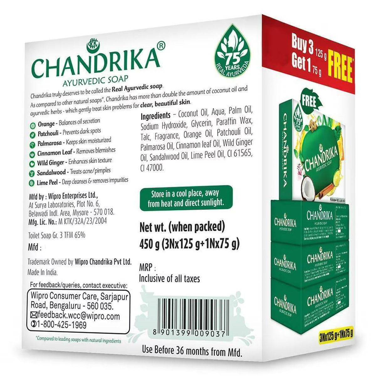 Buy Chandrika Ayurvedic Soap, 450 gm (3 x 125 gm) With one Free 75 gm ...