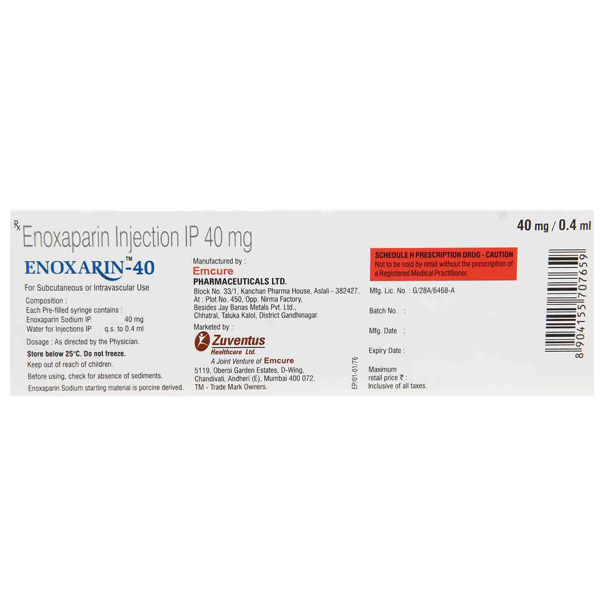 Enoxarin-40 Injection 0.4 ml Price, Uses, Side Effects, Composition ...