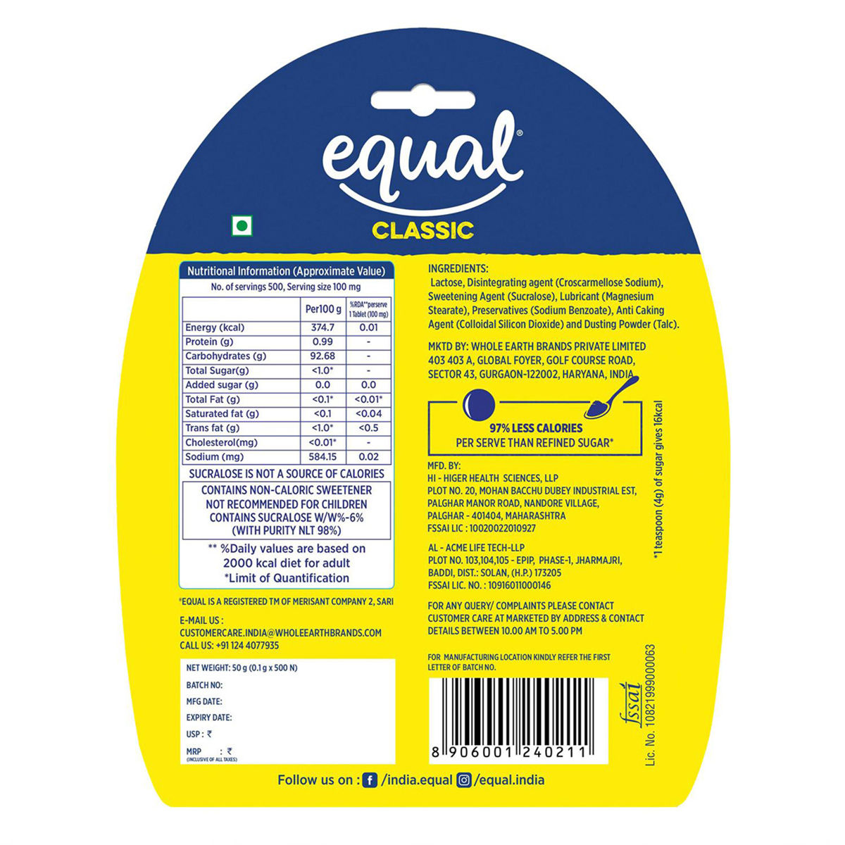 Equal Classic Zero Calorie Sweetener, 500 Tablets Price, Uses, Side ...
