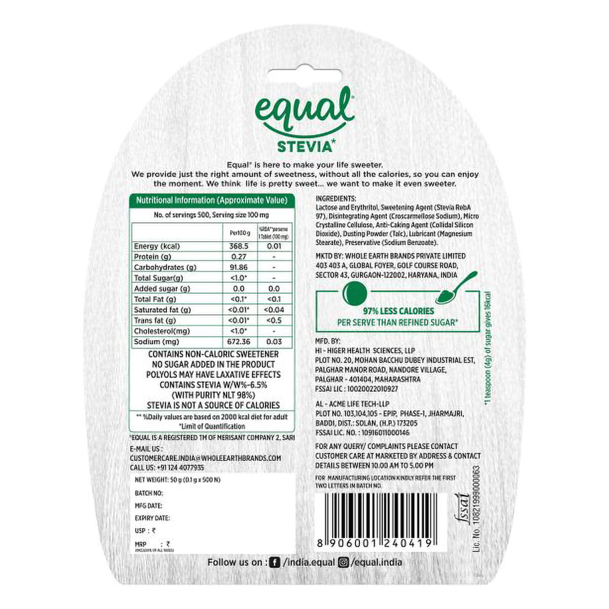 Equal Stevia Natural Sweetener, 500 Tablets Price, Uses, Side Effects ...