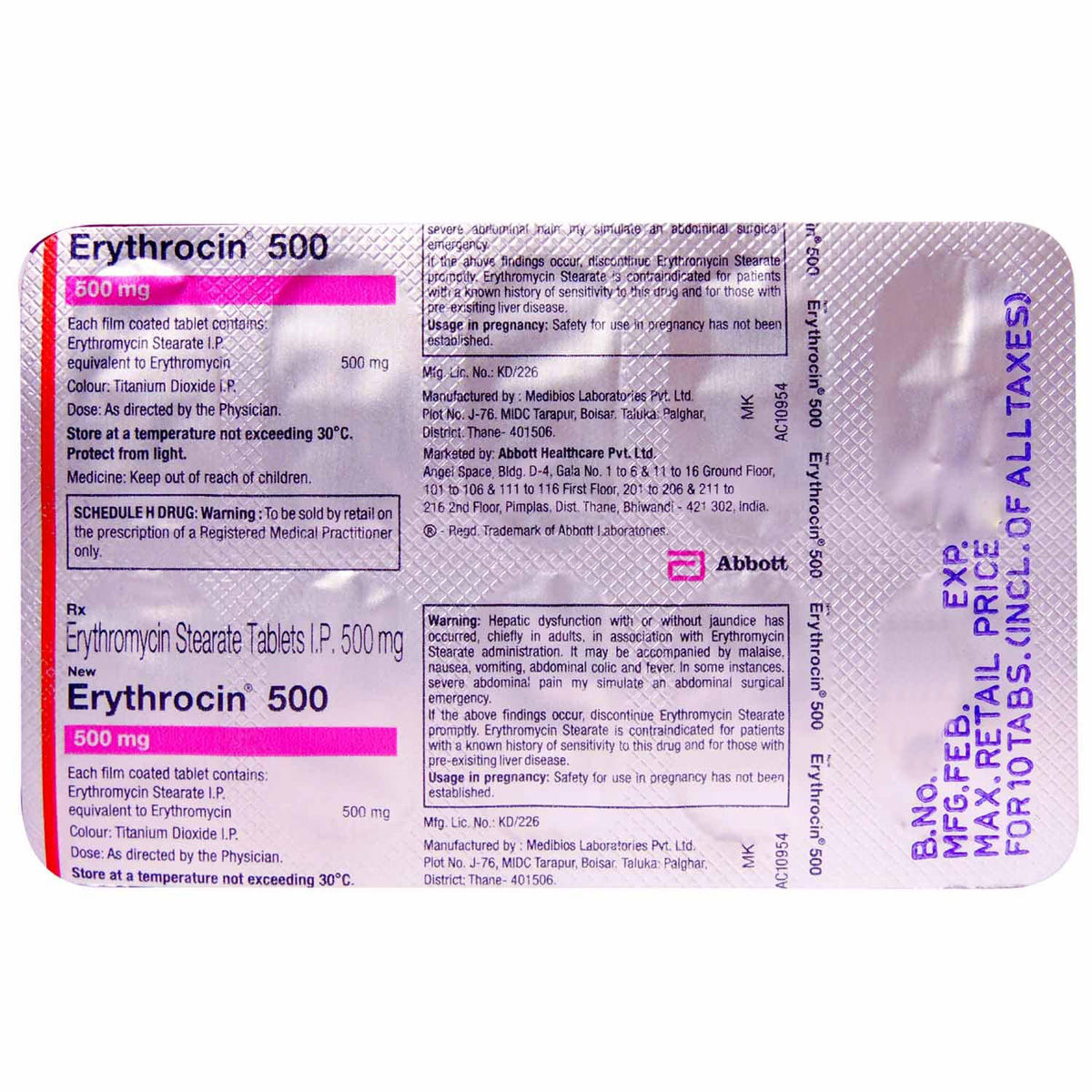 New Erythrocin 500 Tablet 10's Price, Uses, Side Effects, Composition ...