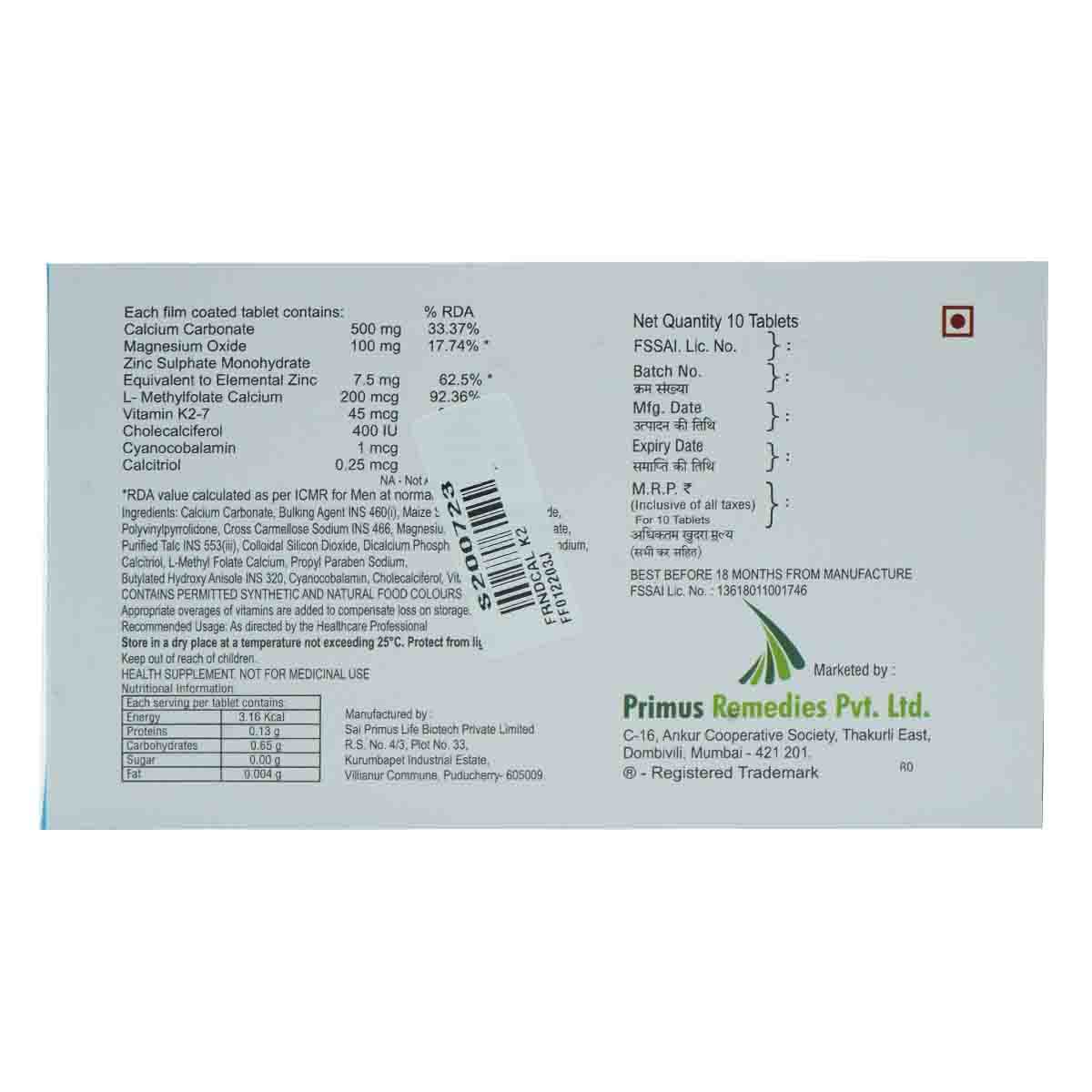 Frndcal K2 Strong Tablet 10's Price, Uses, Side Effects, Composition ...