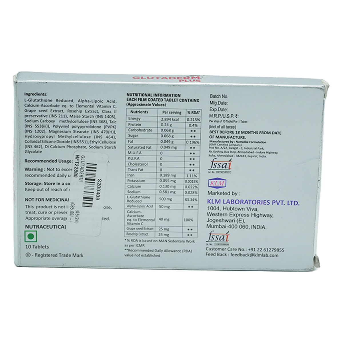 Glutaderm Plus Tablet 10's Price, Uses, Side Effects, Composition ...