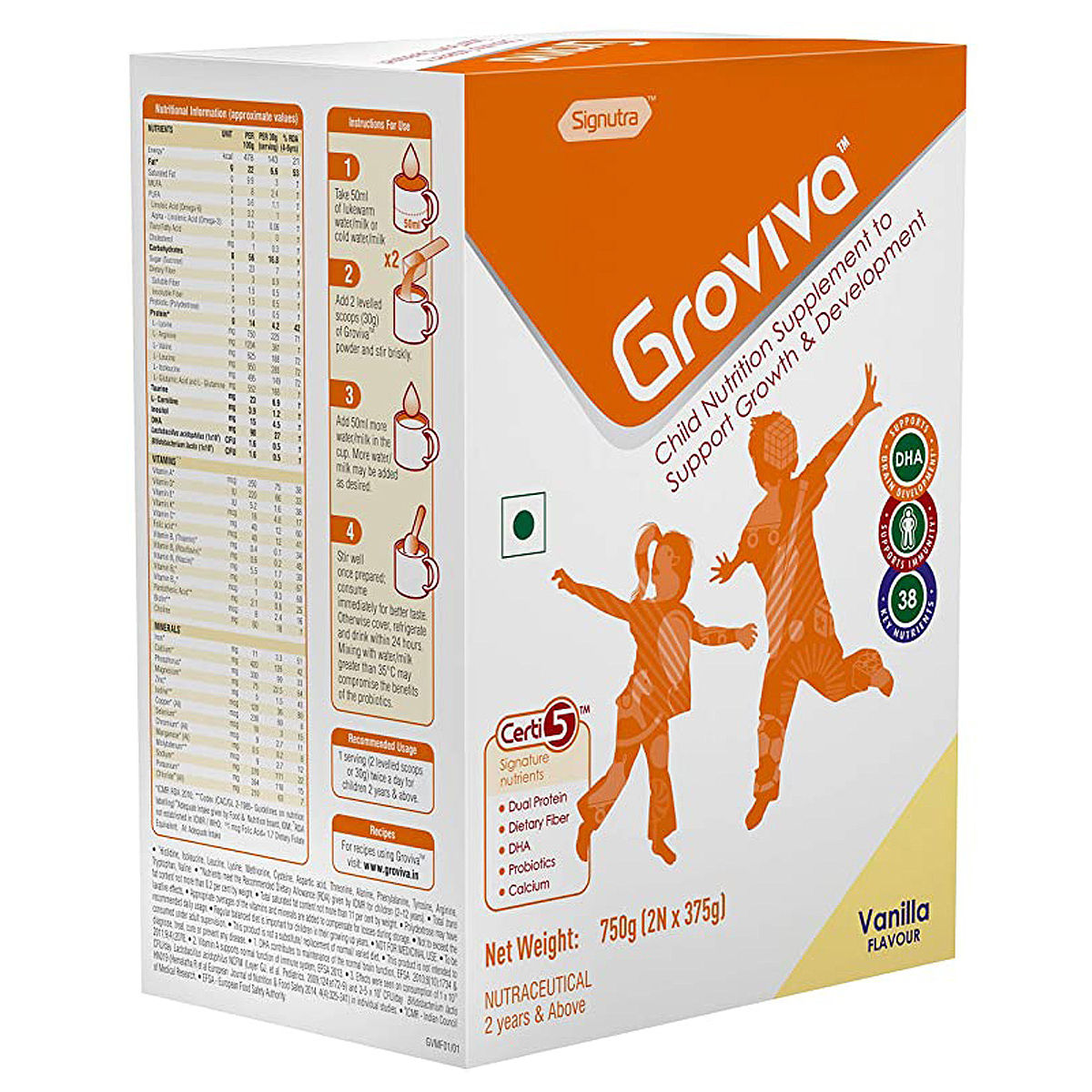 Groviva Child Nutrition Vanilla Flavour Powder, 750 gm ( 2x375 gm ...