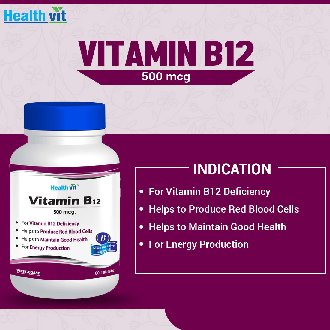 Healthvit Vitamin B12 500 mcg, 60 Tablets Price, Uses, Side Effects ...