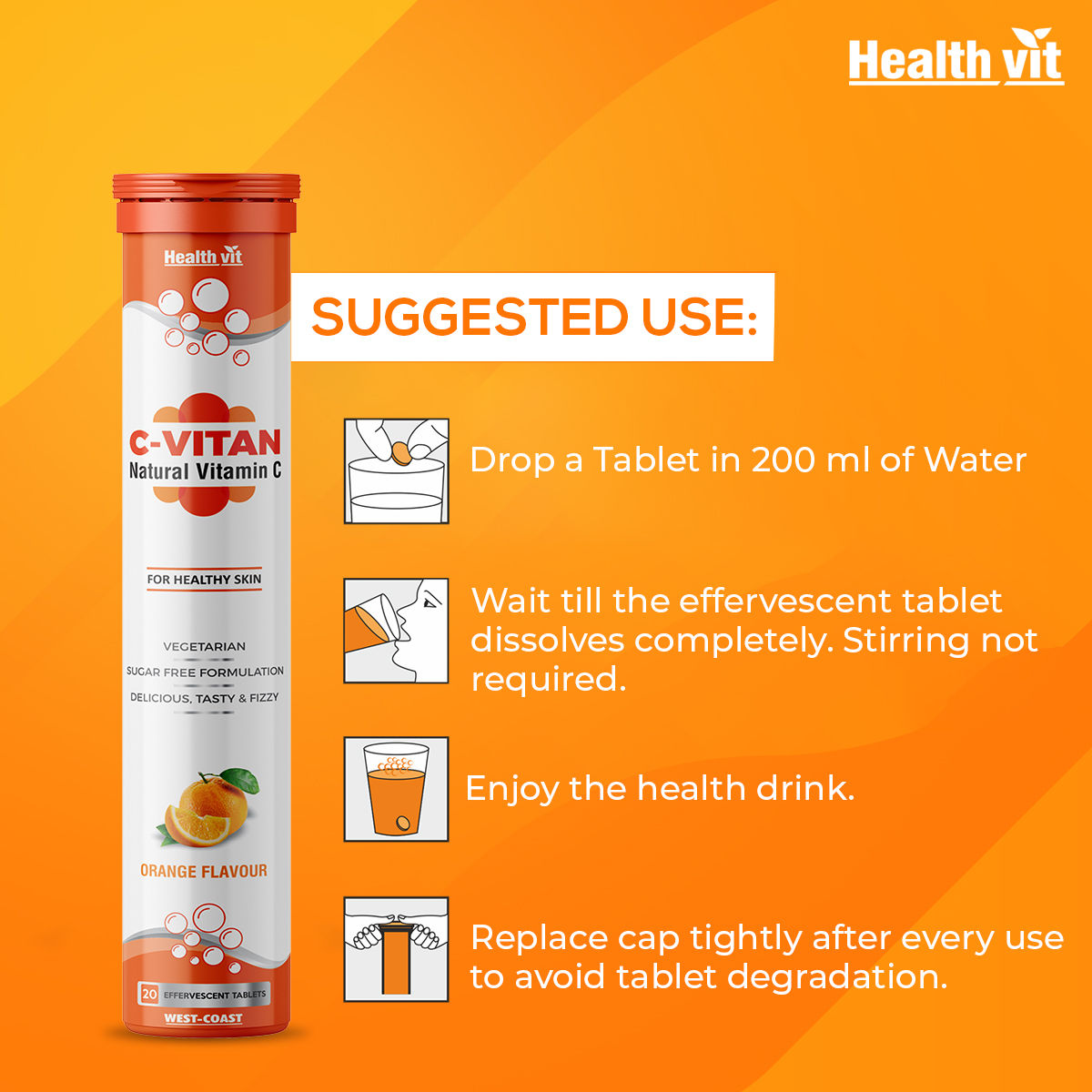Healthvit C-Vitan Orange Flavour Effervescent, 20 Tablets Price, Uses ...