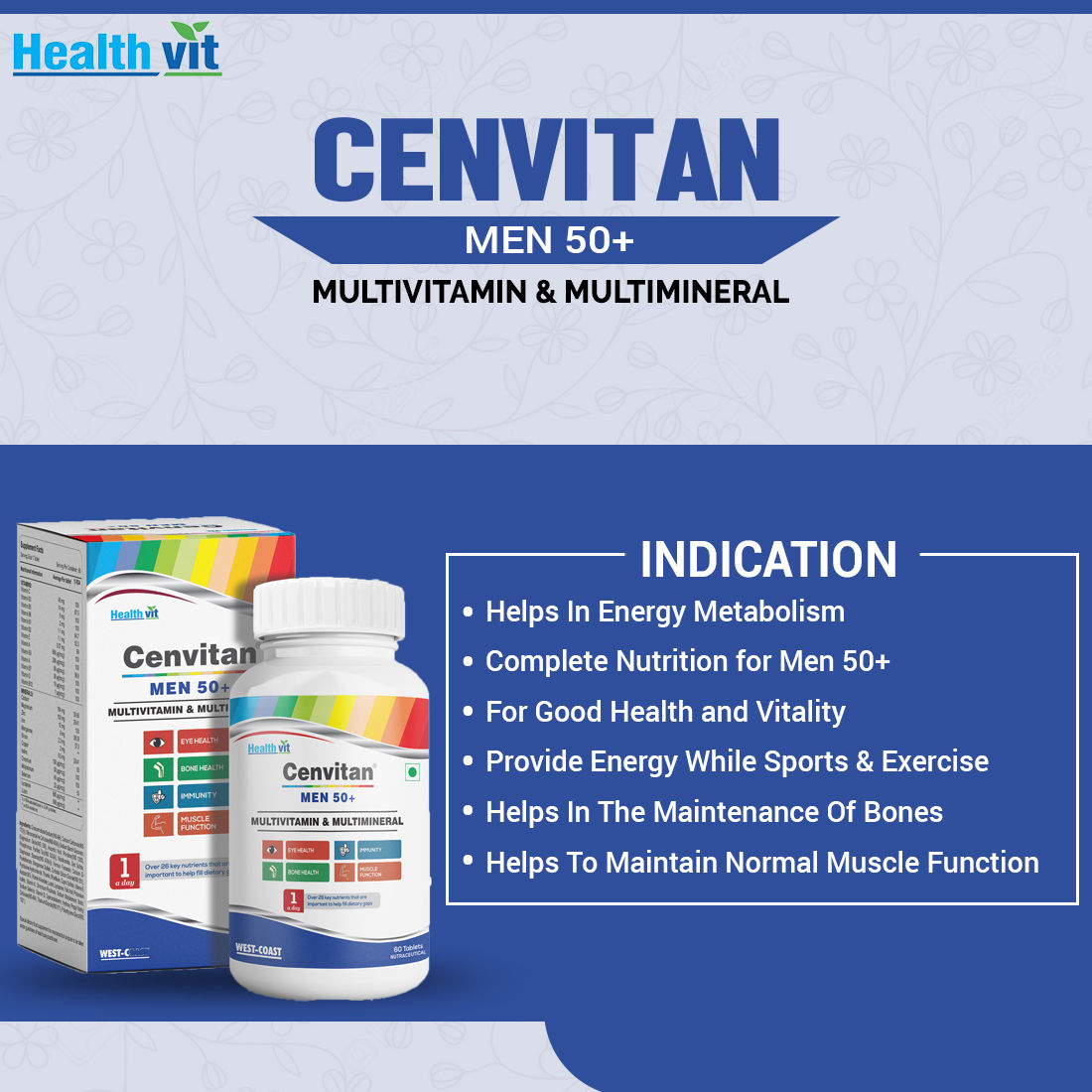 Healthvit Cenvitan Men 50+ Multivitamins & Multimineral, 60 Tablets ...