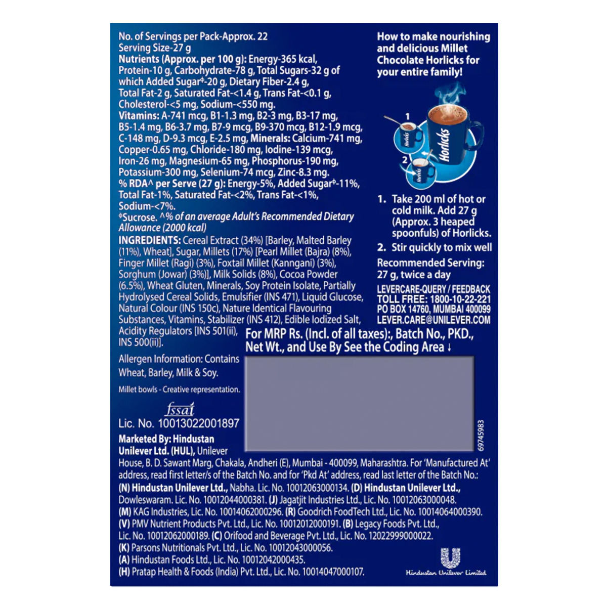 Horlicks Millet Chocolate Flavour Powder, 600 gm Refill Pack Price ...