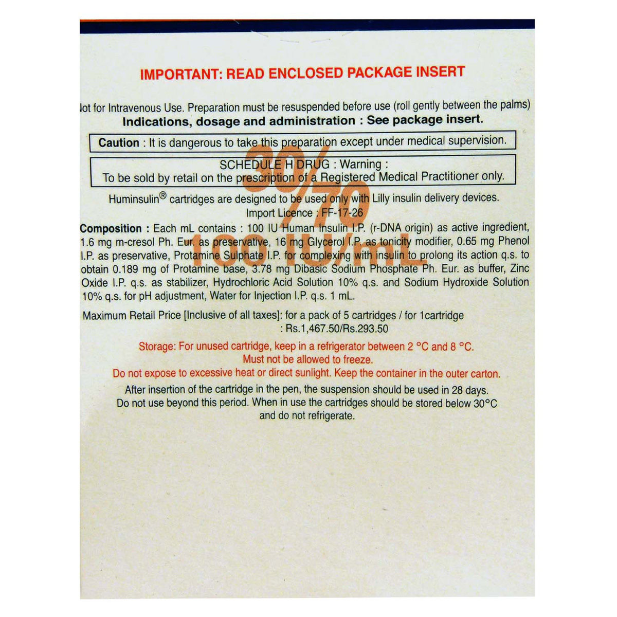 Huminsulin 30/70 100IU/ml Cartridge 5 x 3 ml Price, Uses, Side Effects ...