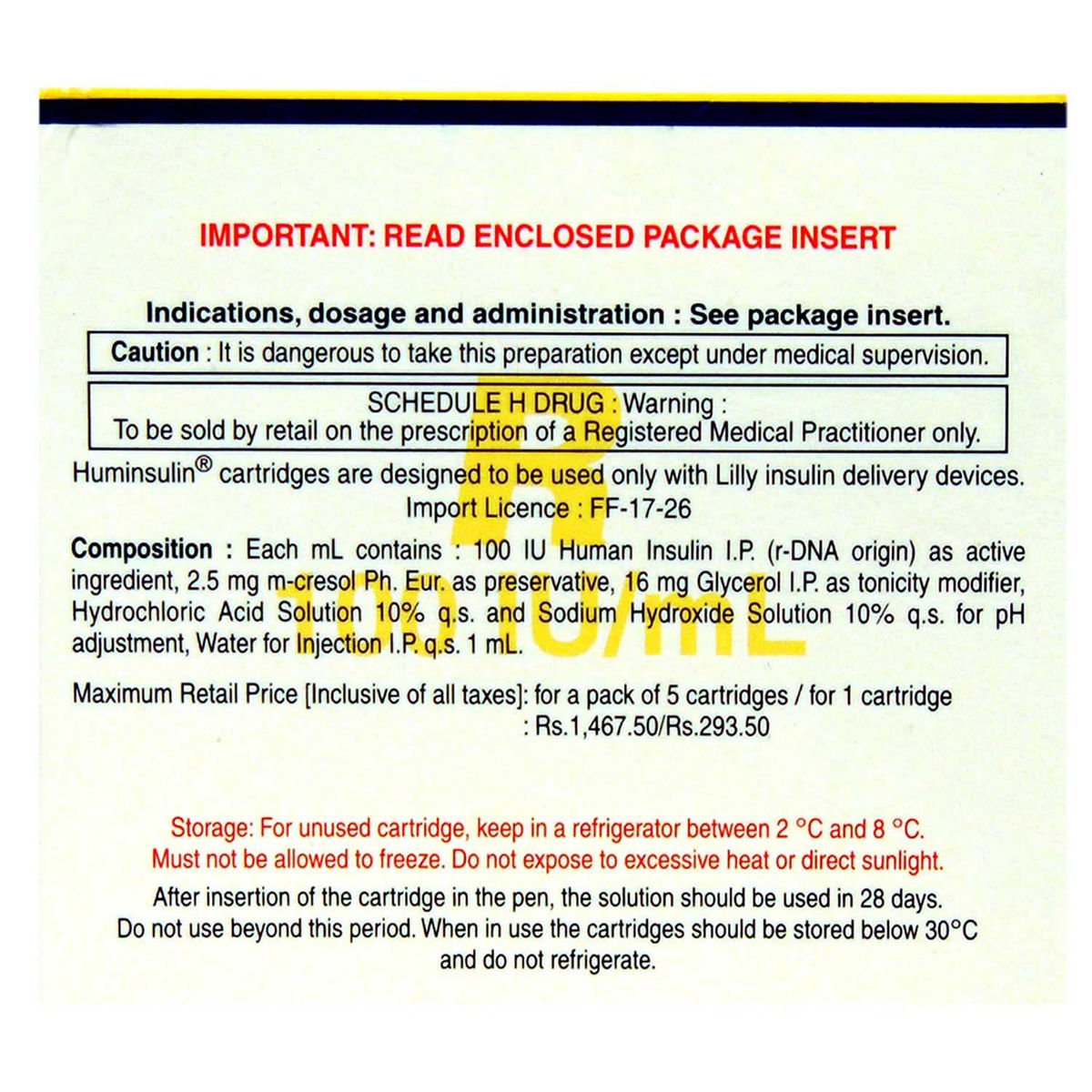 Huminsulin R 100IU/ml Cartridge 5 x 3 ml Price, Uses, Side Effects ...