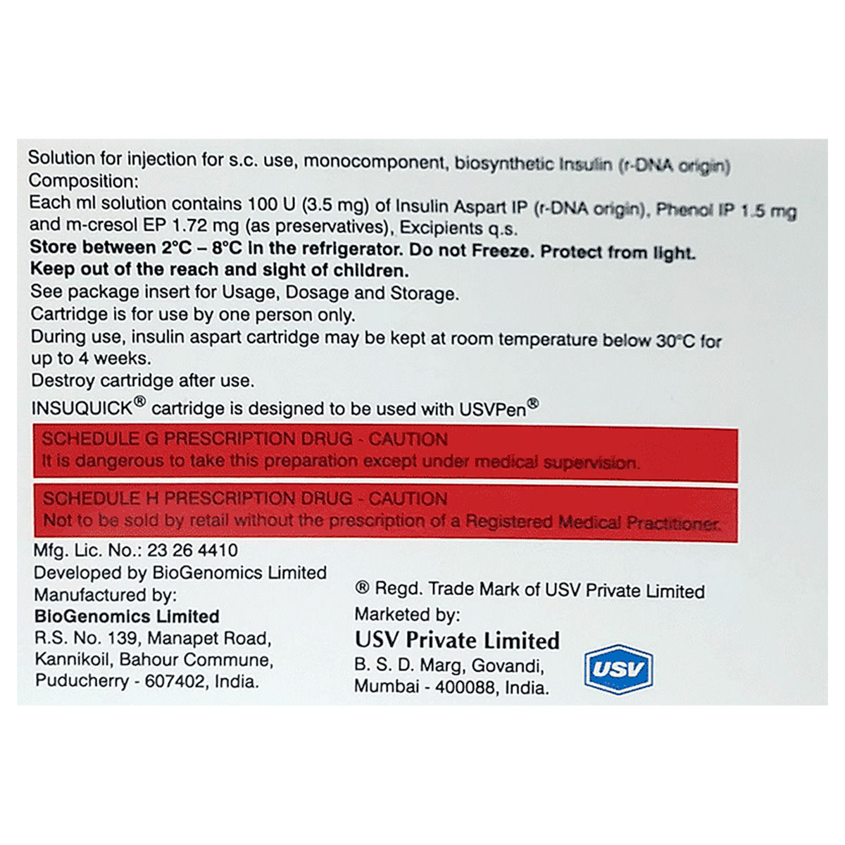 Insuquick 100U/ml Cartridge Injection 3 ml | Uses, Side Effects, Price ...