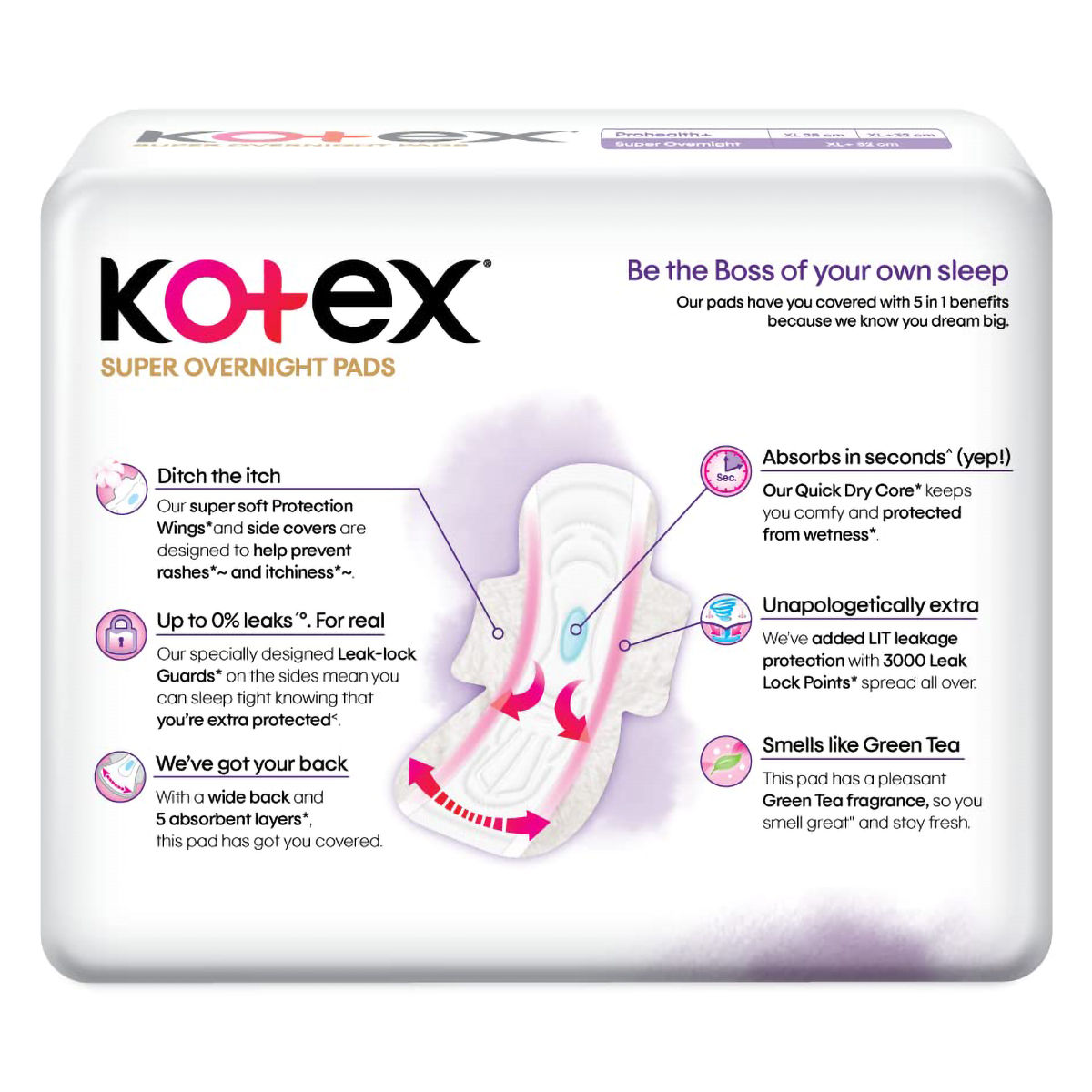 Kotex Super Overnight Sanitary Pads XL+, 14 Count Price, Uses, Side ...