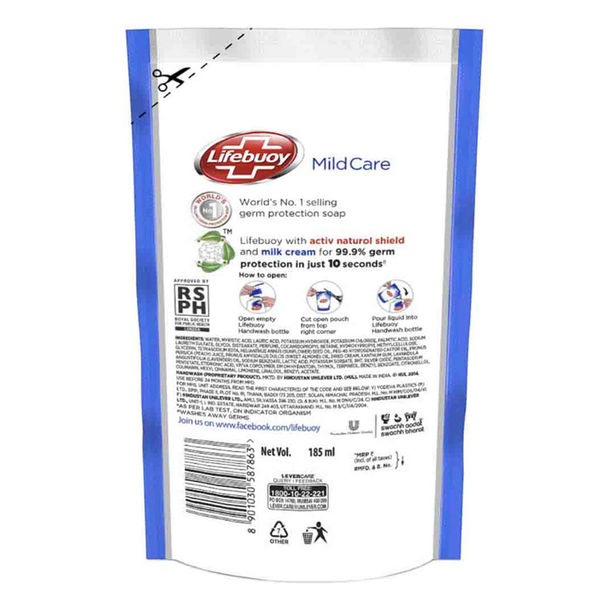 Lifebuoy Mild Care Germ Protection Handwash, 185 ml (Refill Pack) Price ...