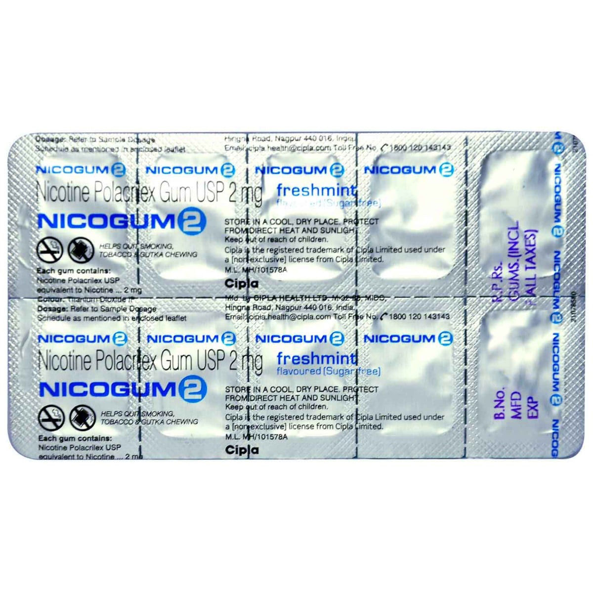 Nicogum 2 mg Freshmint Sugar Free Nicotine Gum 10's Price, Uses, Side ...