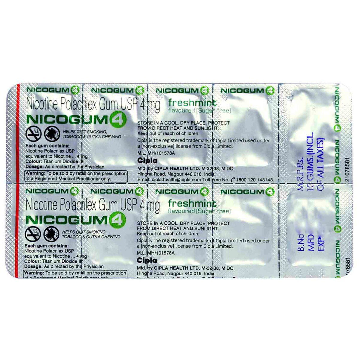Nicogum 4 Nicotine Gum Sugar Free Fresh Mint Chewing Gums 10's Price ...