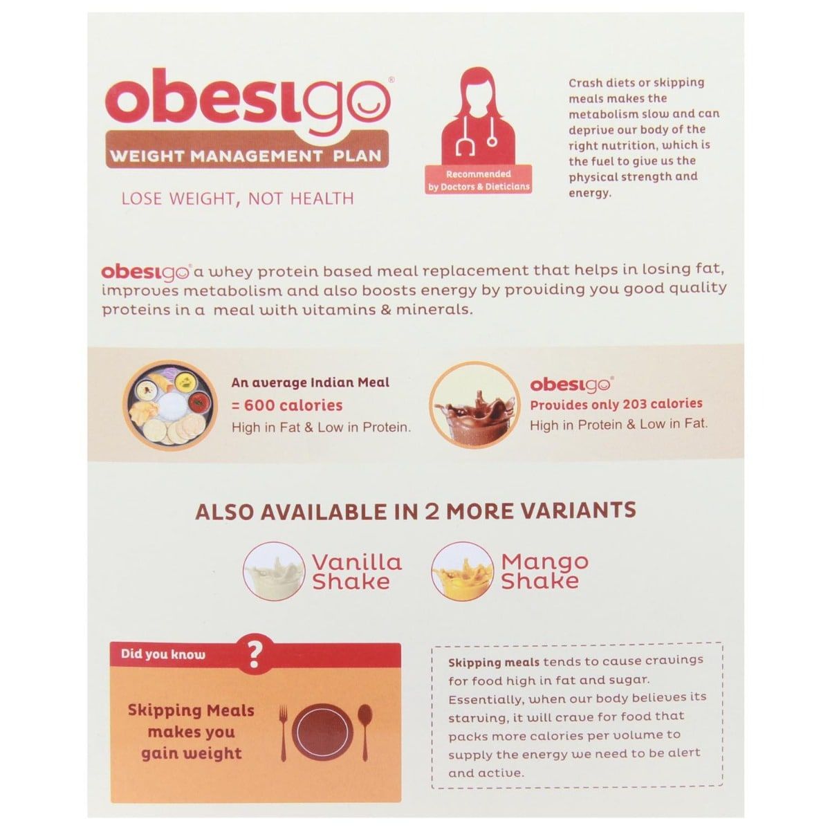 Obesigo Weight Management Plan Chocolate Flavour Sachets 7X58 gm Price ...