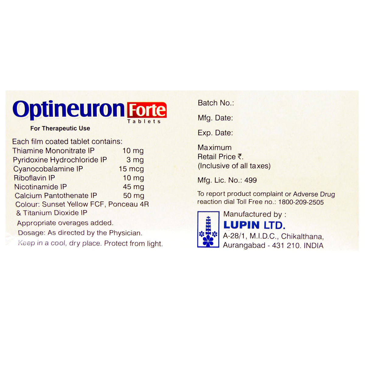 Optineuron Forte Tablet 10's Price, Uses, Side Effects, Composition ...