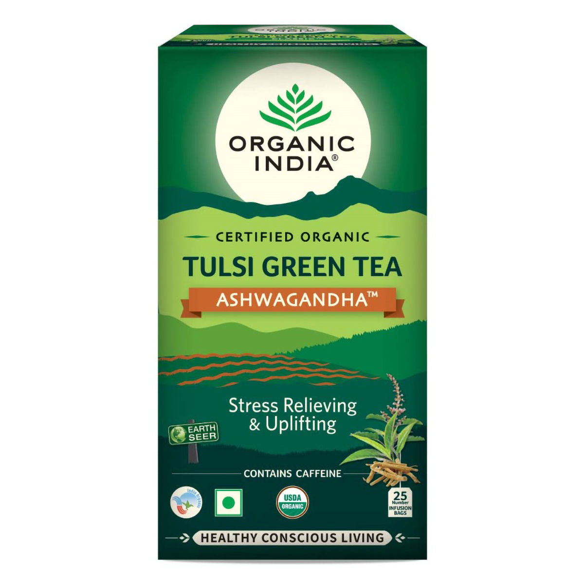 Organic India Tulsi Green Tea Ashwagandha Infusion Tea Bags, 25 Count ...