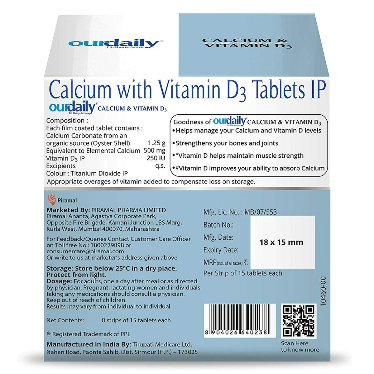 Ourdaily Calcium & Vitamin D3, 15 Tablets Price, Uses, Side Effects ...