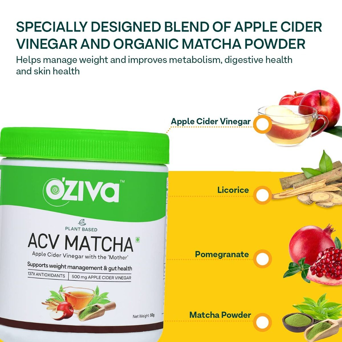 OZiva Plant Based ACV Matcha (Apple Cider Vinegar with Mother) Powder ...