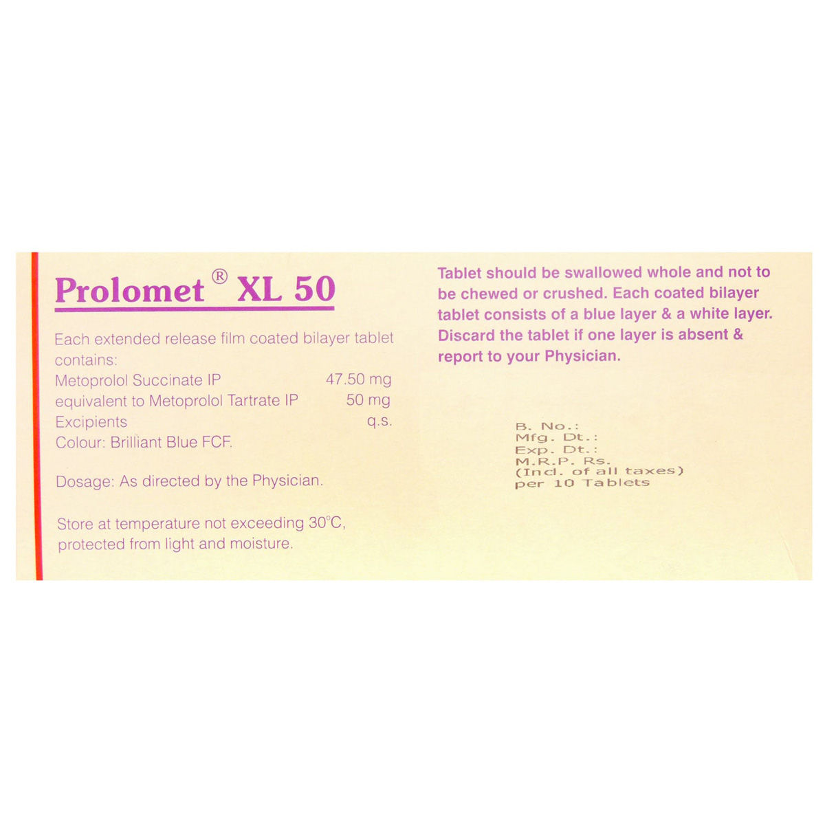 Prolomet XL 50 Tablet | Uses, Side Effects, Price | Apollo Pharmacy