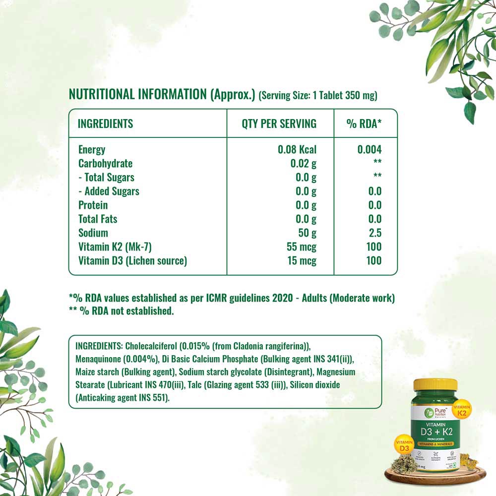 Buy Pure Nutrition Vitamin D3 + K2 350 mg, 60 Tablets | 19 Minutes ...