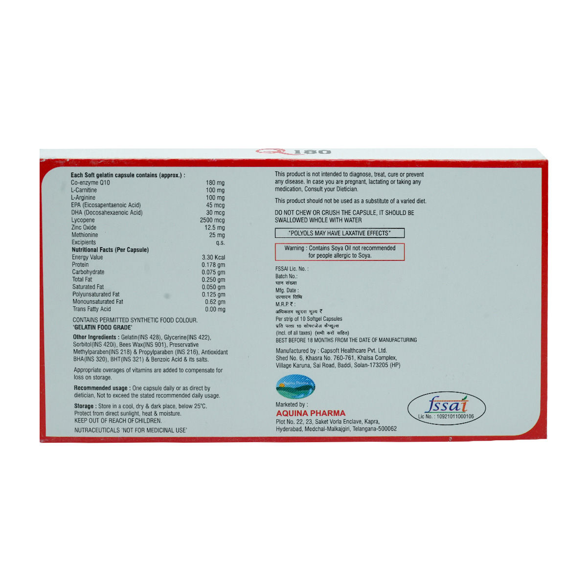 Q-180 Softgel Capsule 10's Price, Uses, Side Effects, Composition ...