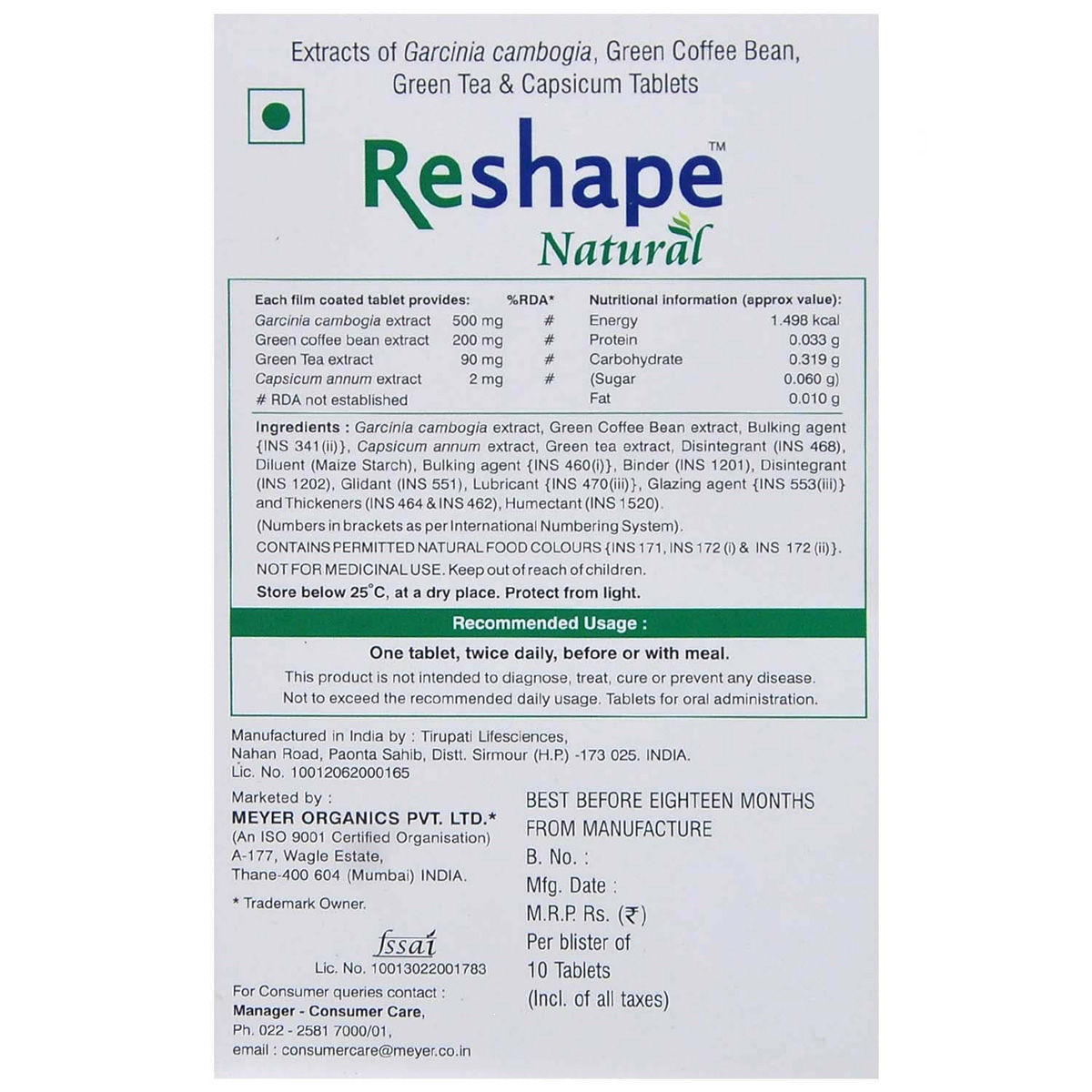 Reshape Natural Tablet 10's Price, Uses, Side Effects, Composition ...