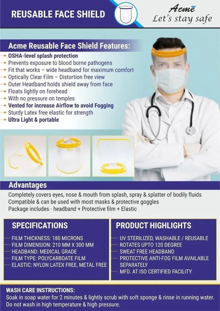 ACME Reusable Face Shield 210 mm x 300 mm, 1 Count Price, Uses, Side ...