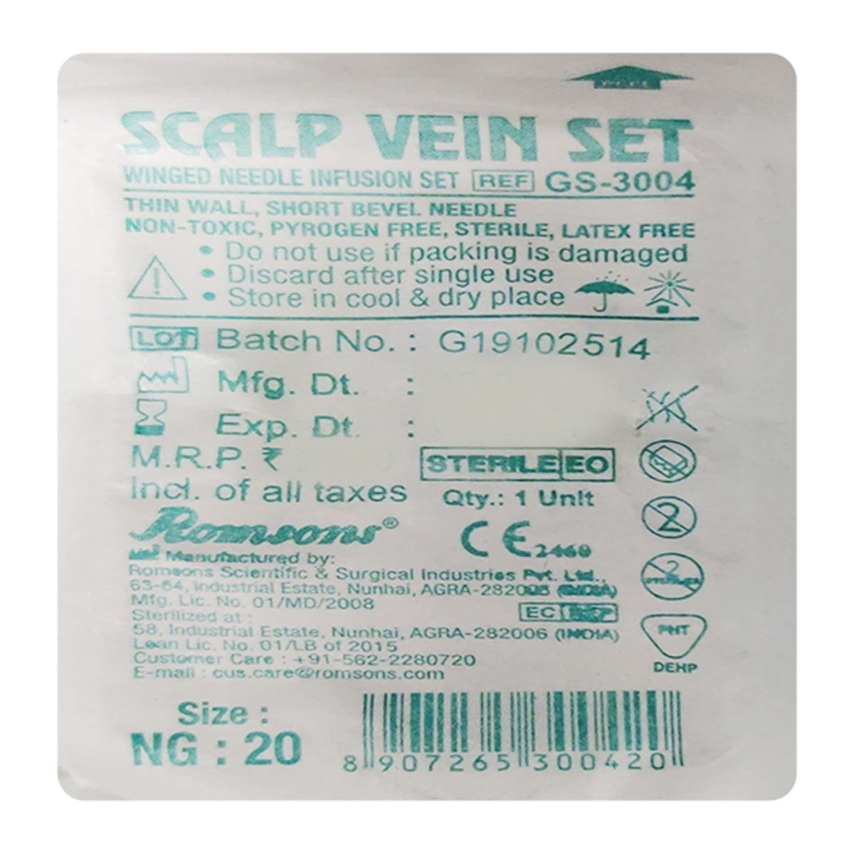 Scalp Vein Set 20G (Romson) | Uses, Side Effects, Price | Apollo Pharmacy