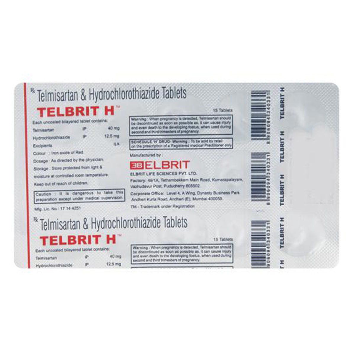 Telbrit H 40/12.5 Tablet | Uses, Side Effects, Price | Apollo Pharmacy