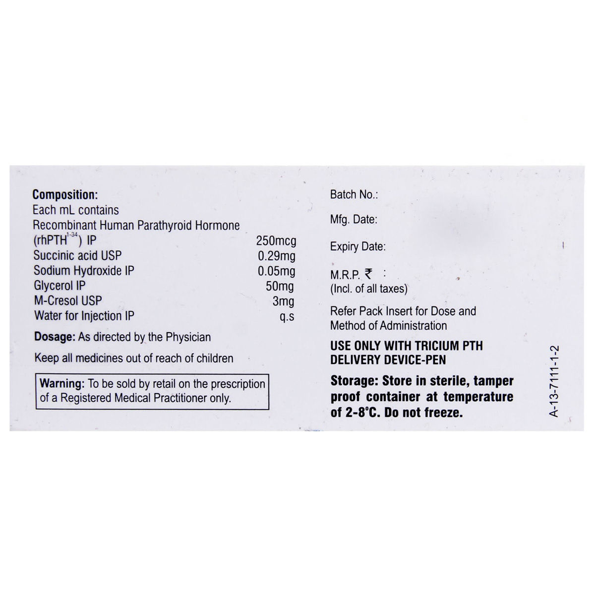 Tricium PTH 750mcg Injection 3 ml Price, Uses, Side Effects ...