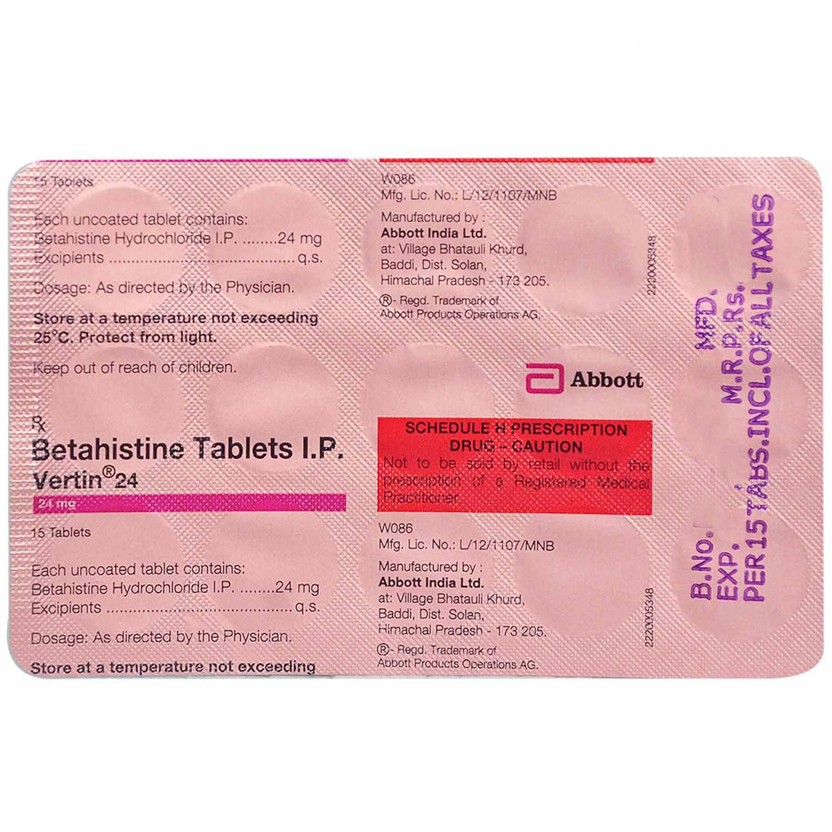 Vertin 24 Tablet 15's Price, Uses, Side Effects, Composition - Apollo ...