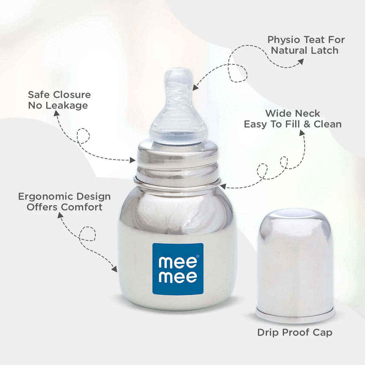 Mee Mee Milk-Safe™ Steel Feeding Bottle With Anti-Colic Teat, 120 ml ...