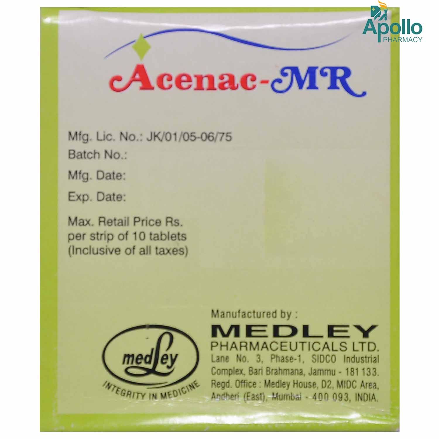 Acenac-MR Tablet 10's Price, Uses, Side Effects, Composition - Apollo ...