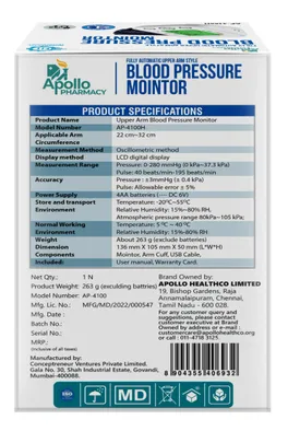 Apollo Pharmacy Fully Automatic Upper Arm Style Blood Pressure Monitor ...
